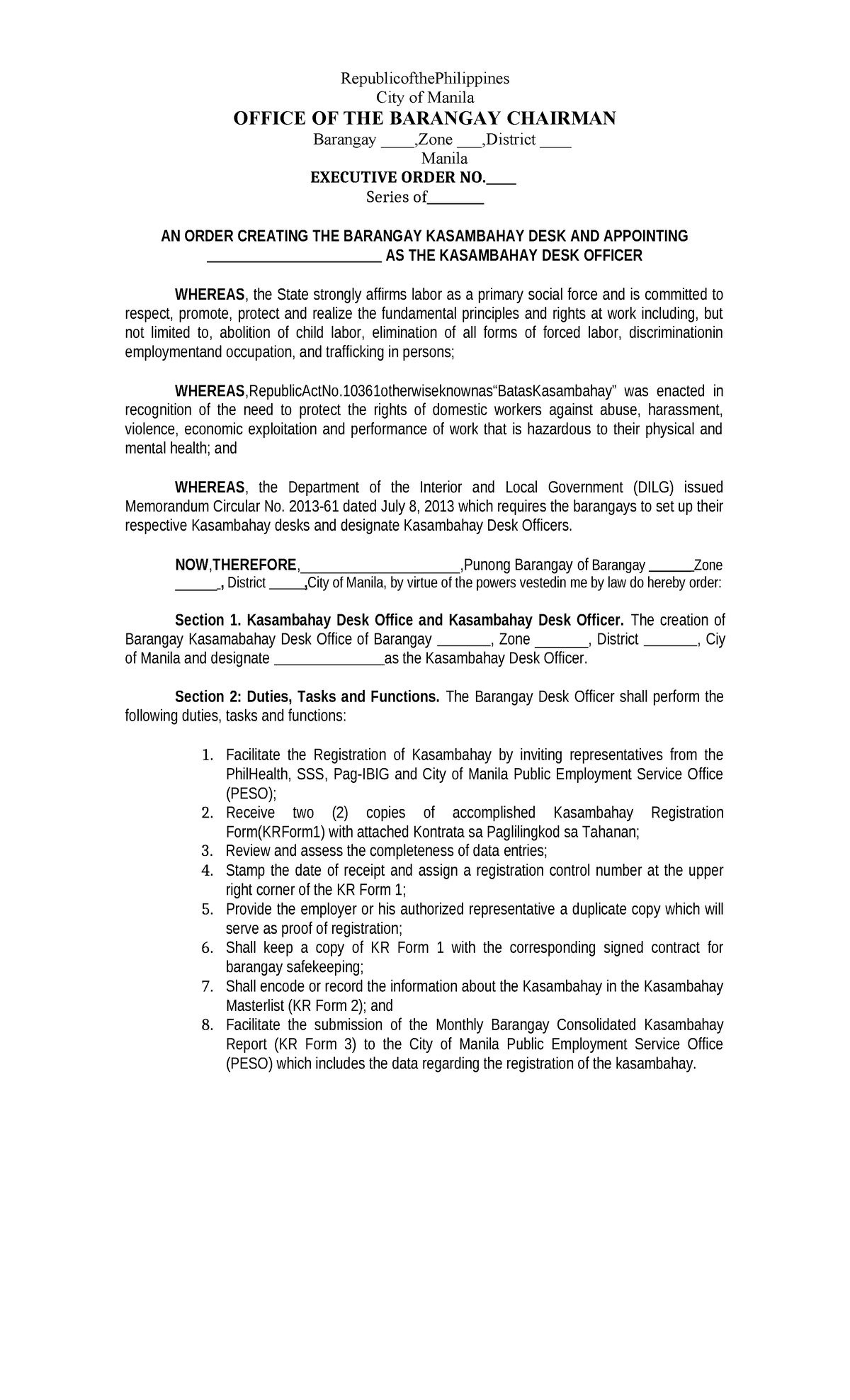 Executive Order: Creation of Barangay Kasambahay Desk - Studocu