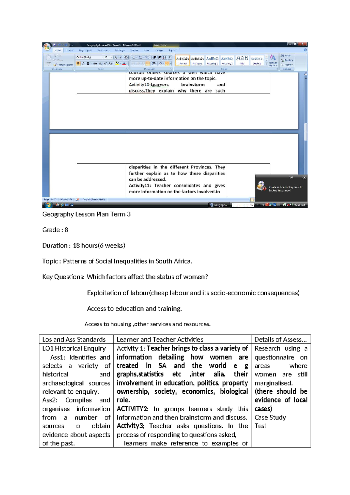 Geography Lesson Plan Term 3: Social Inequalities in SA for Grade 8 ...