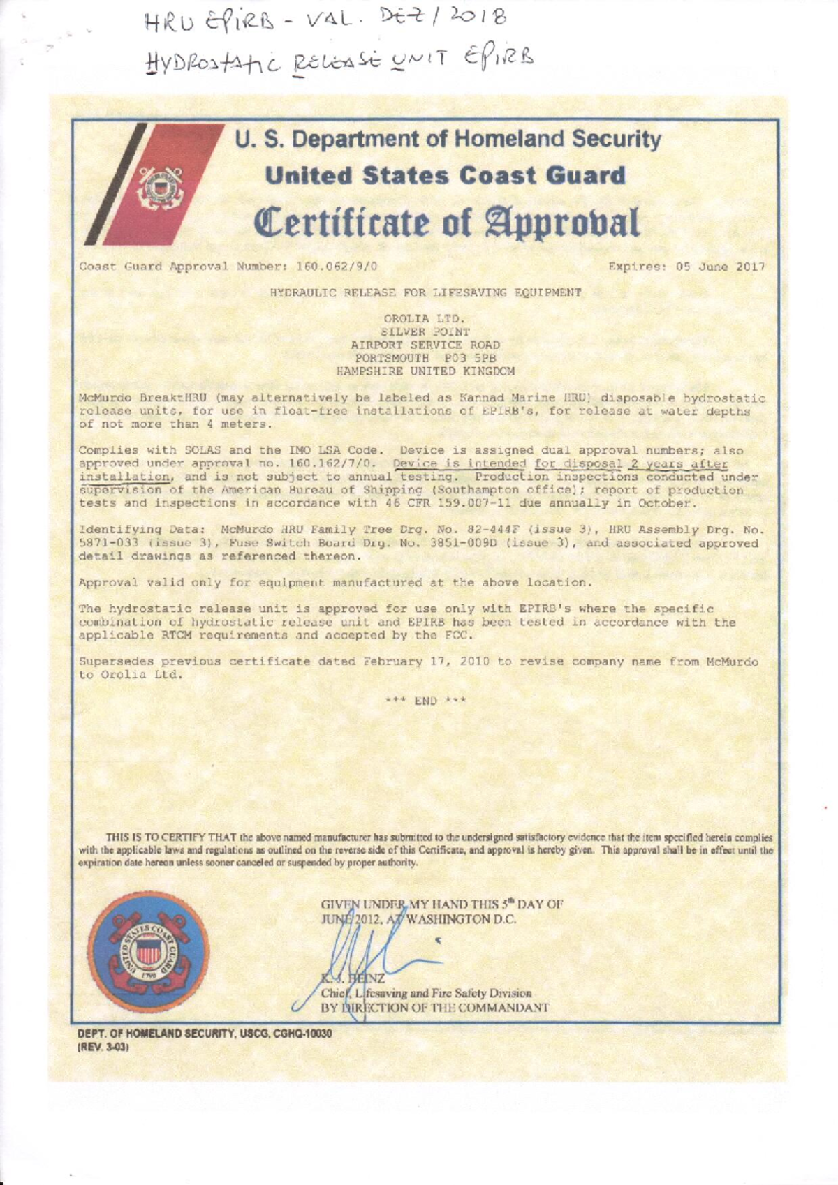Hydrostatic Release Unit EPIRB VAL Certification (HRU) DEZ2018 - Studocu