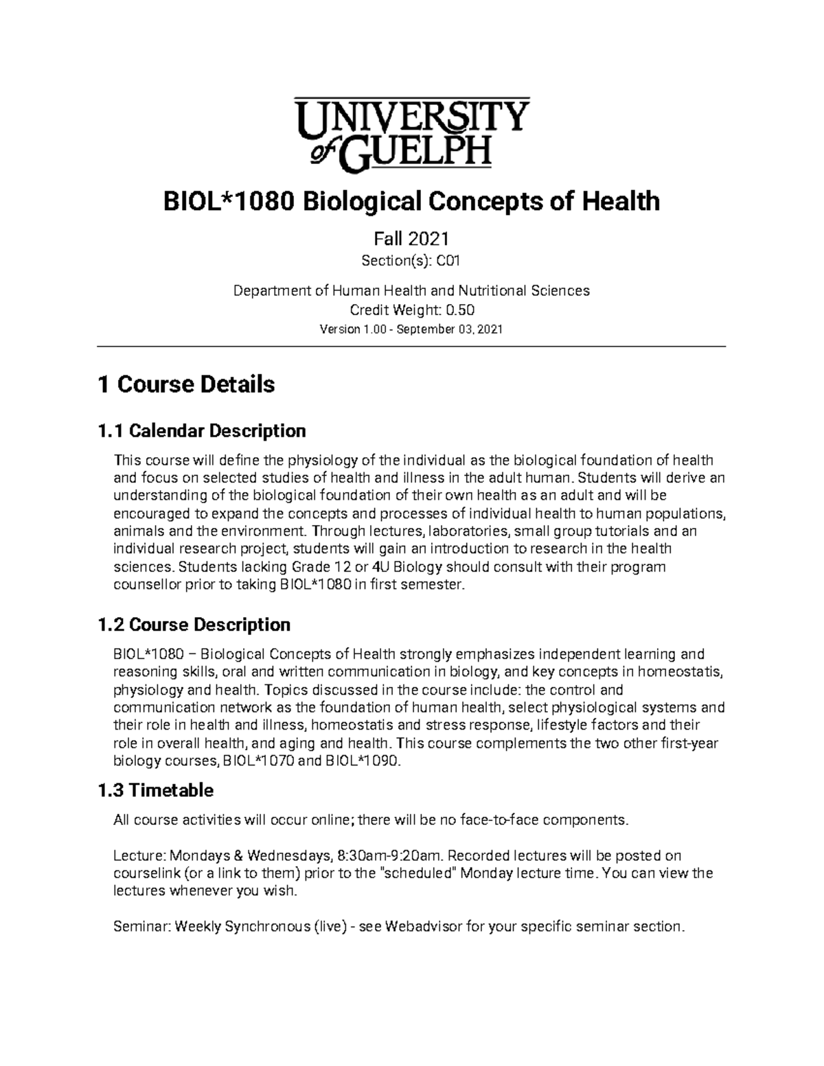 BIOL 1080 F21 - Biological Concepts of Health Course Outline - Studocu