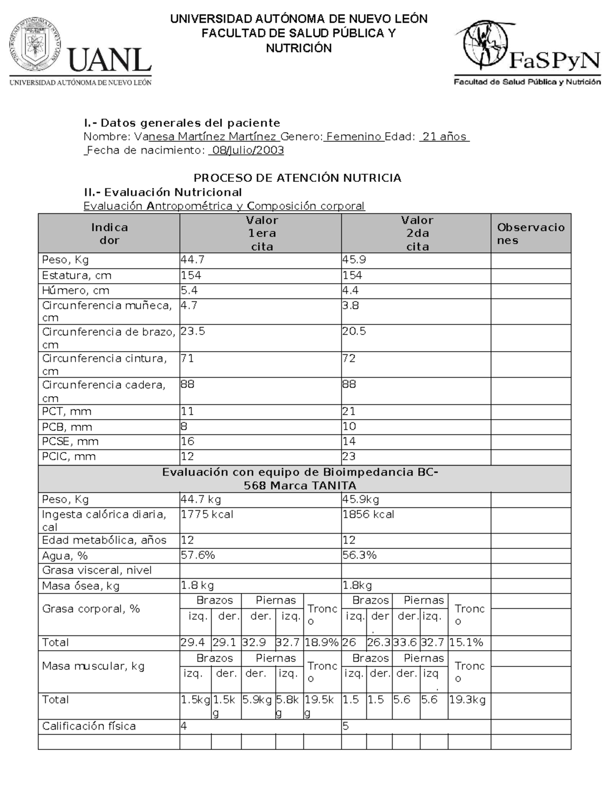 Historial Clinico Ny D - FACULTAD DE SALUD PÚBLICA Y NUTRICIÓN I ...
