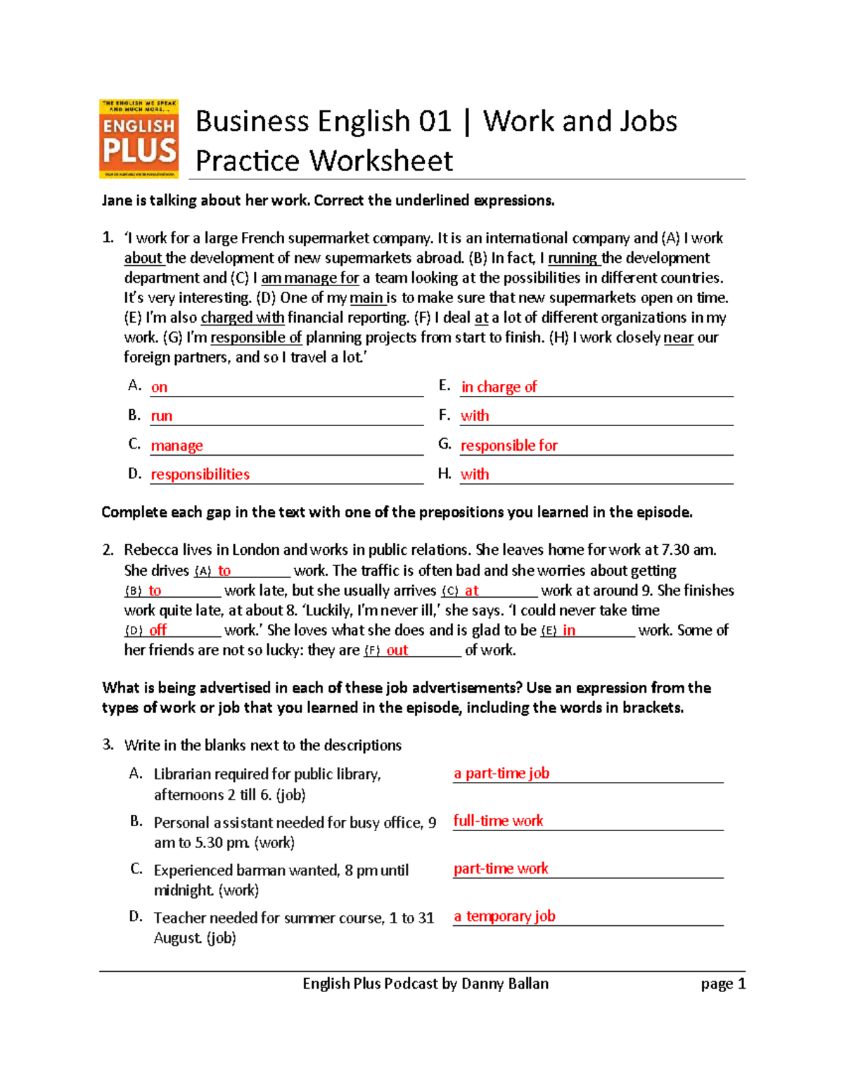 Episode 196 Business English 01 Work and Jobs Practice Worksheet - Studocu