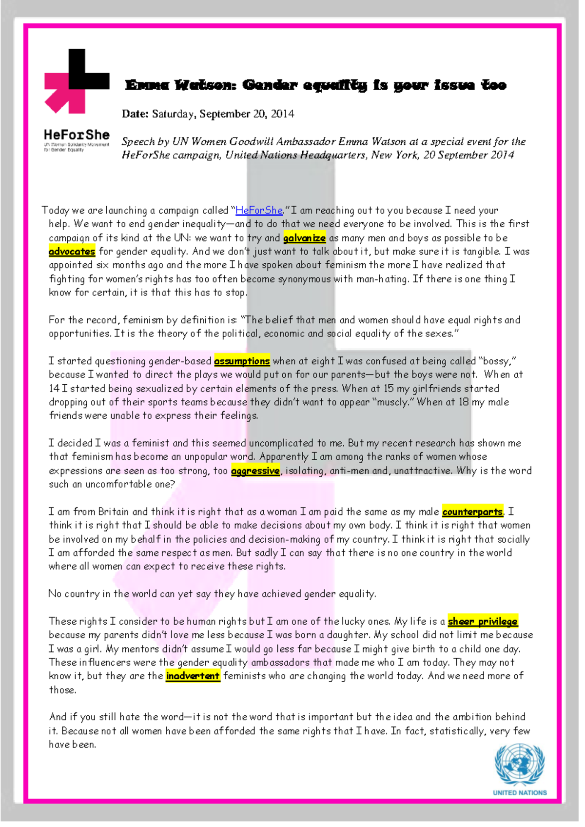 Emma-watson-gender-equality-reading-comprehension-exercises 115297 ...