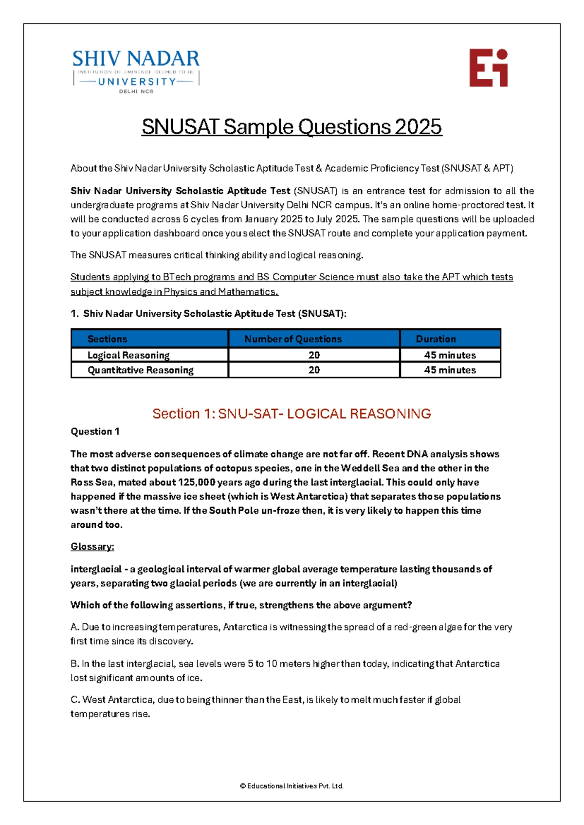 SNUSAT & APT Sample Questions 2025 for Entrance Exam Preparation - Studocu