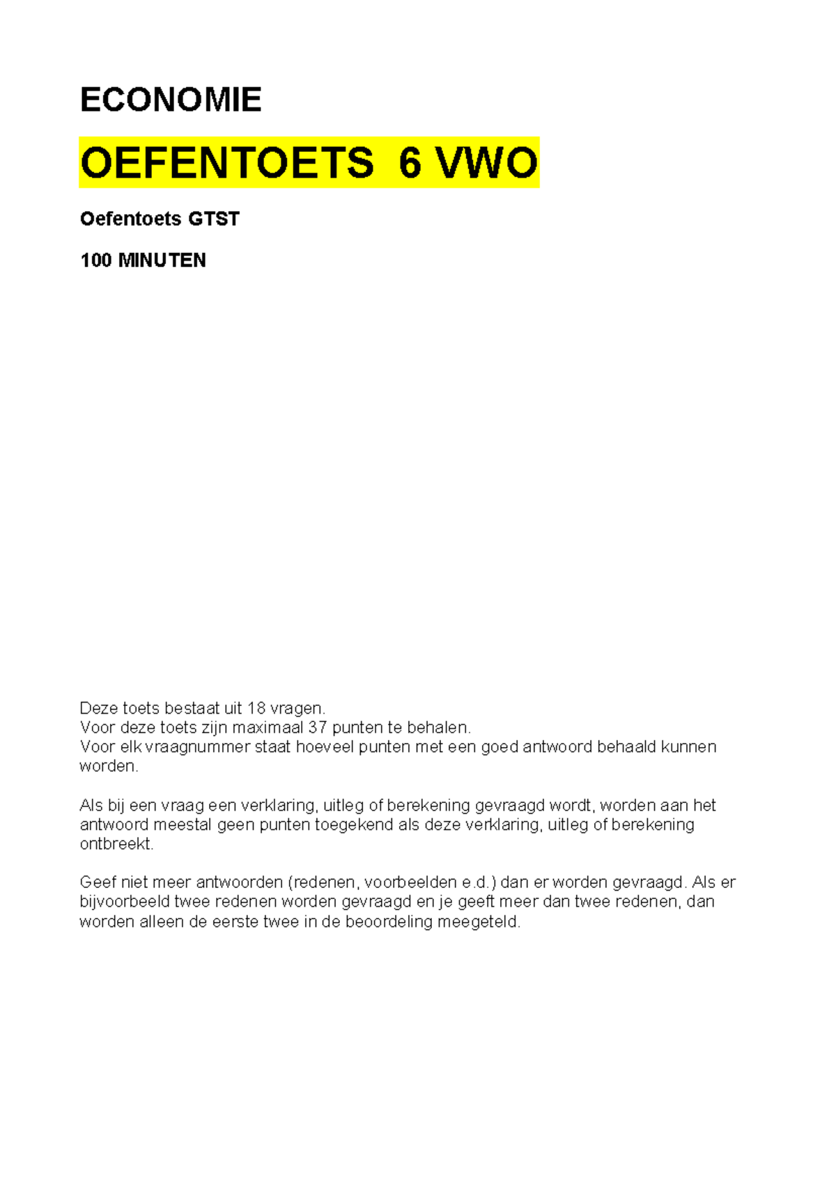 Oefentoets GTST 6 VWO: Economische Analyse en Vraagstukken 2025 ...