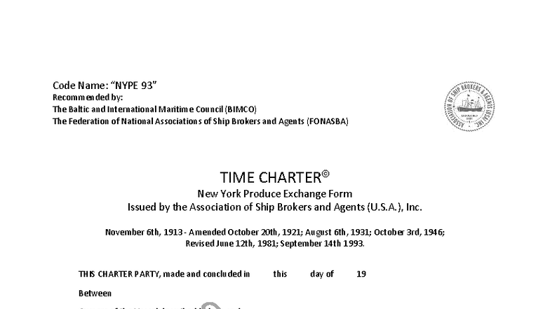 NYPE 93 Charter Party Agreement: BIMCO & FONASBA Guidelines - Studocu