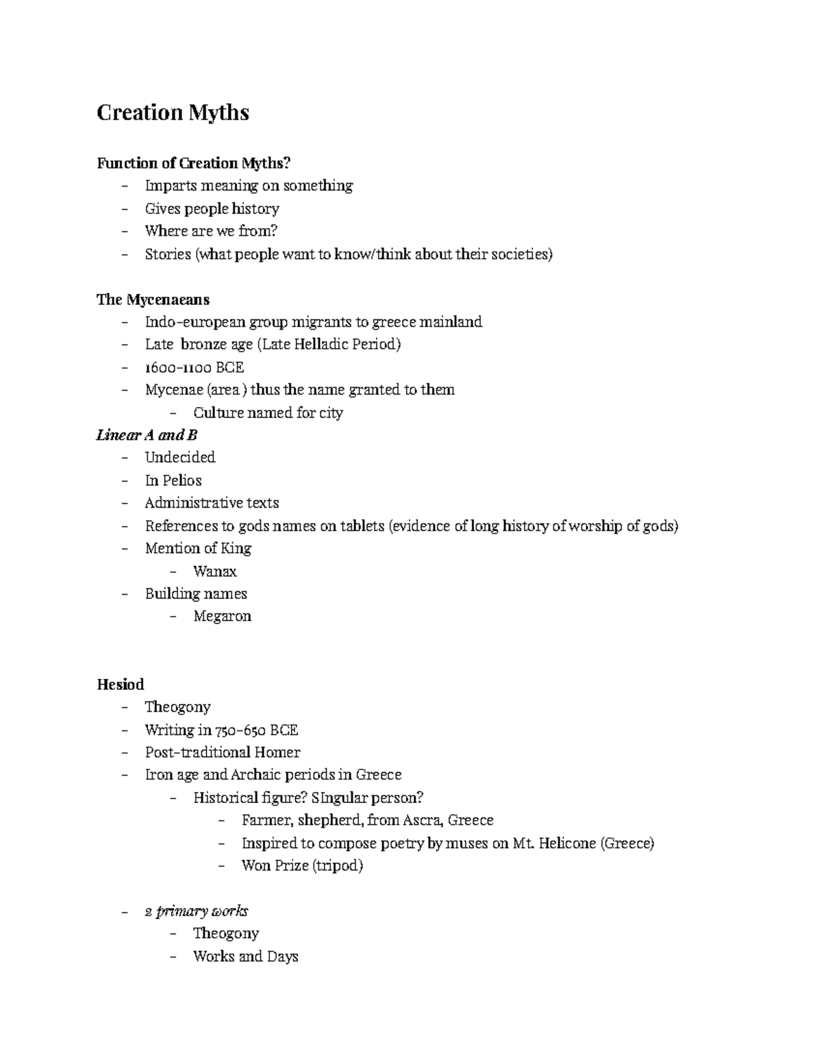 Classical Mythology - Lecture Notes on Creation Myths and Hesiod - Studocu