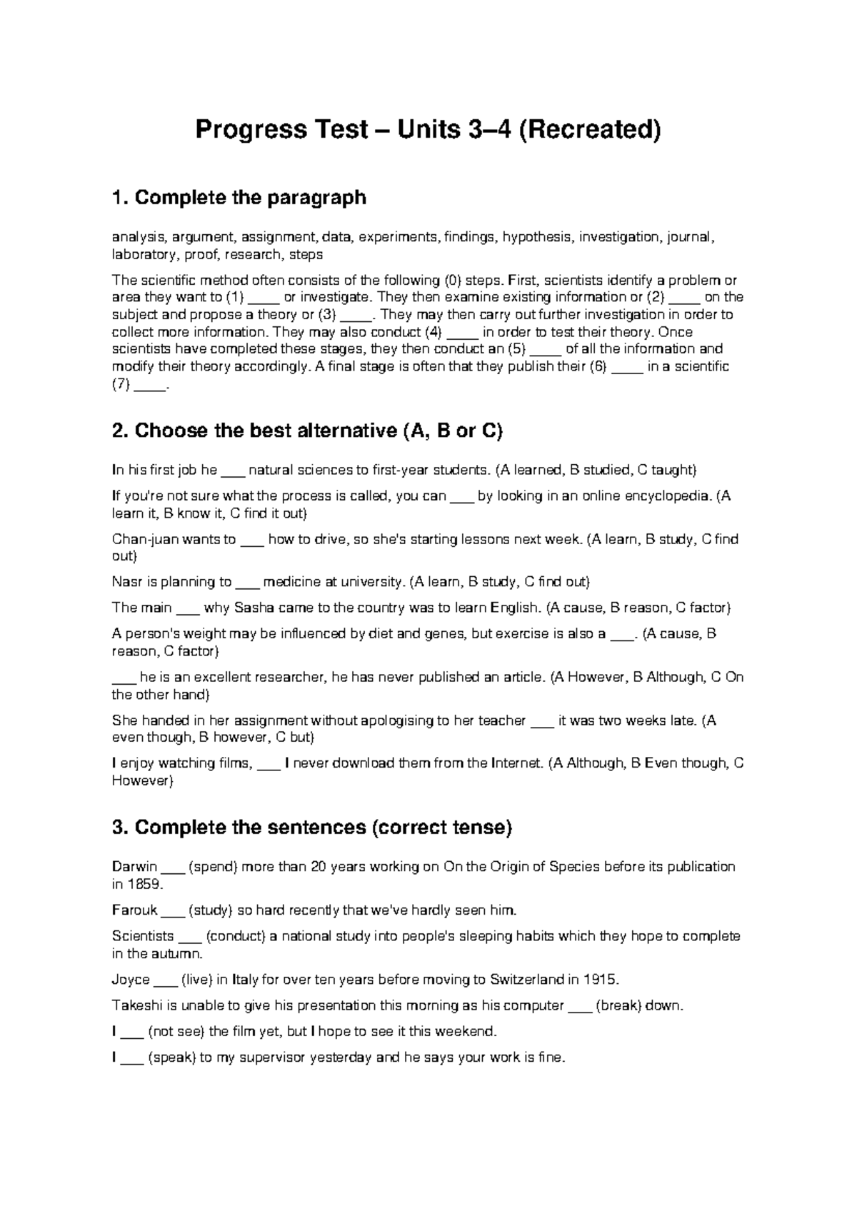 Progress Test Units: Scientific Method & Language Skills - Studocu