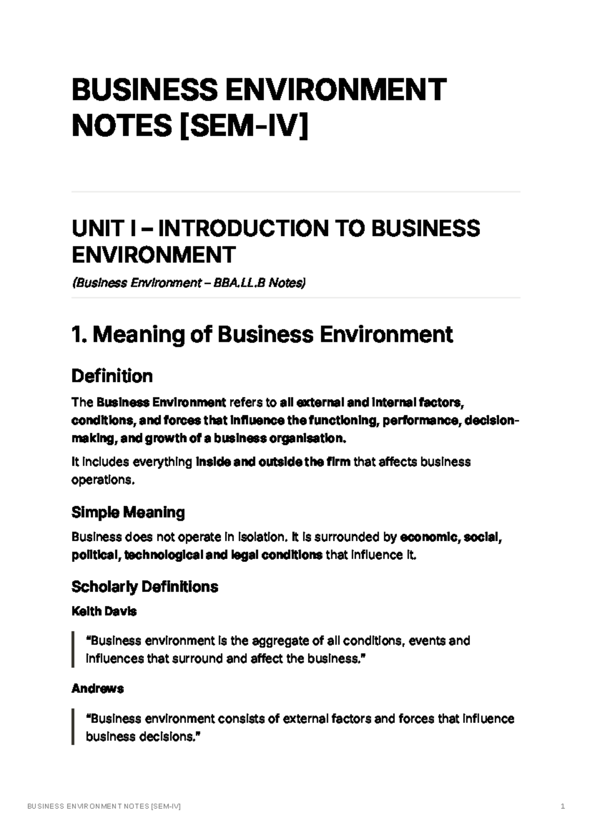 BUSINESS ENVIRONMENT NOTES UNIT I: INTRODUCTION TO BUSINESS ENVIRONMENT ...