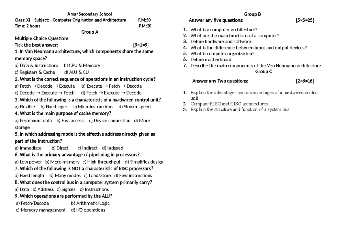 Class 11 COA 3rd Term Exam Questions on Computer Architecture - Studocu