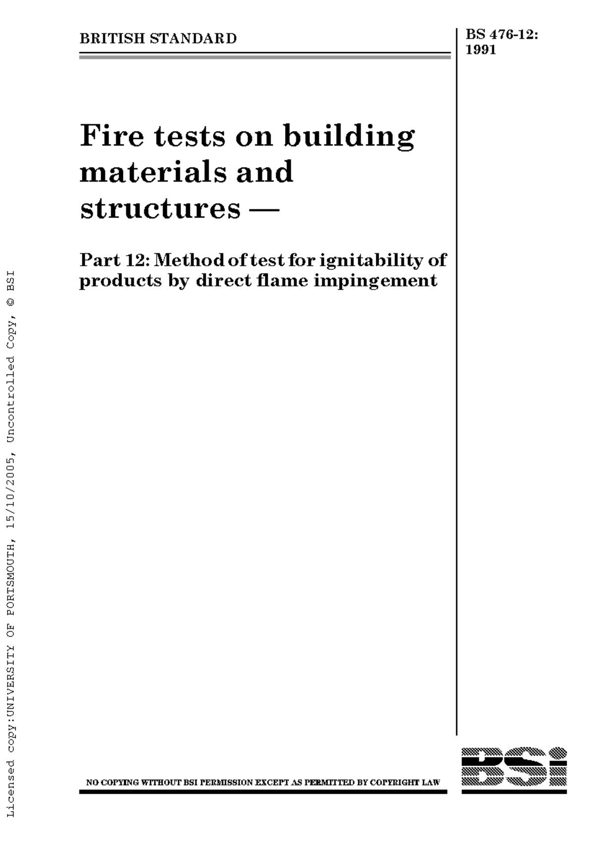 BS 476-12 Fire Test Method for Material Ignitability by Flame - Studocu