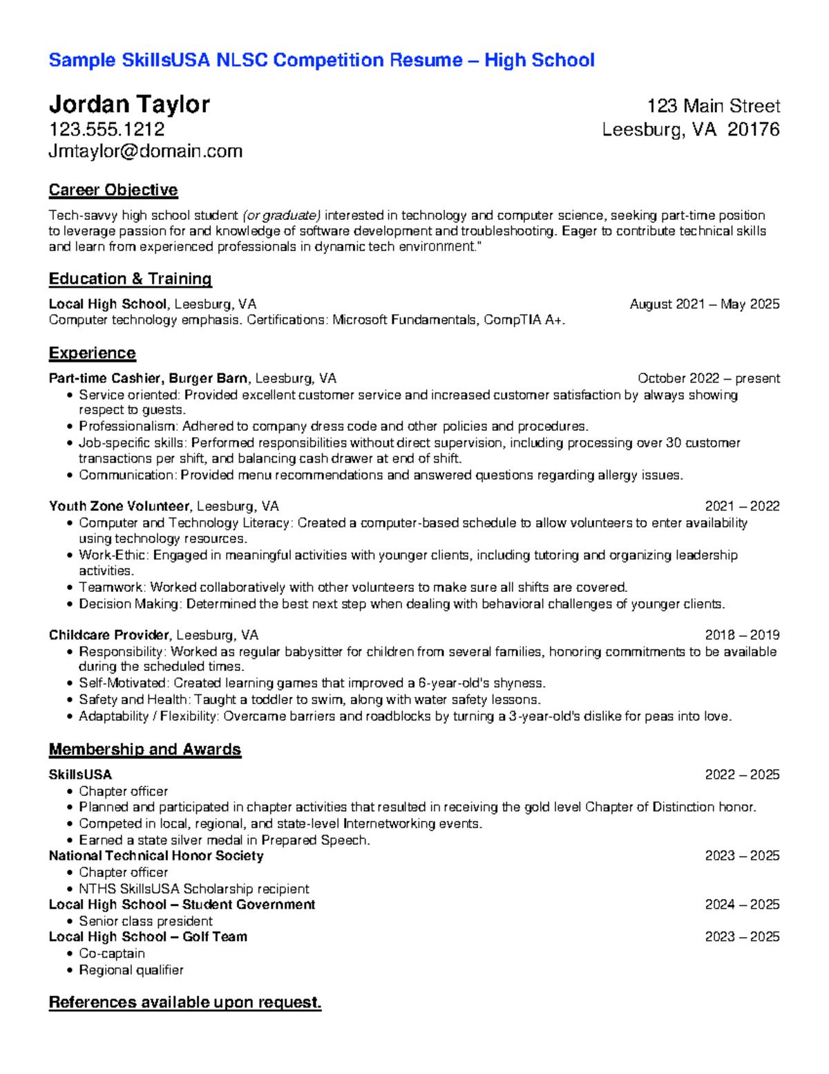 Skills USA Sample Resume HS - Sample SkillsUSA NLSC Competition Resume – High School Jordan ...