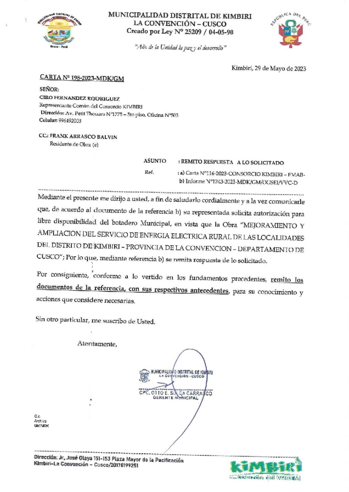 Autorización para el Botadero Municipal en Kimbiri - 2023 - Studocu