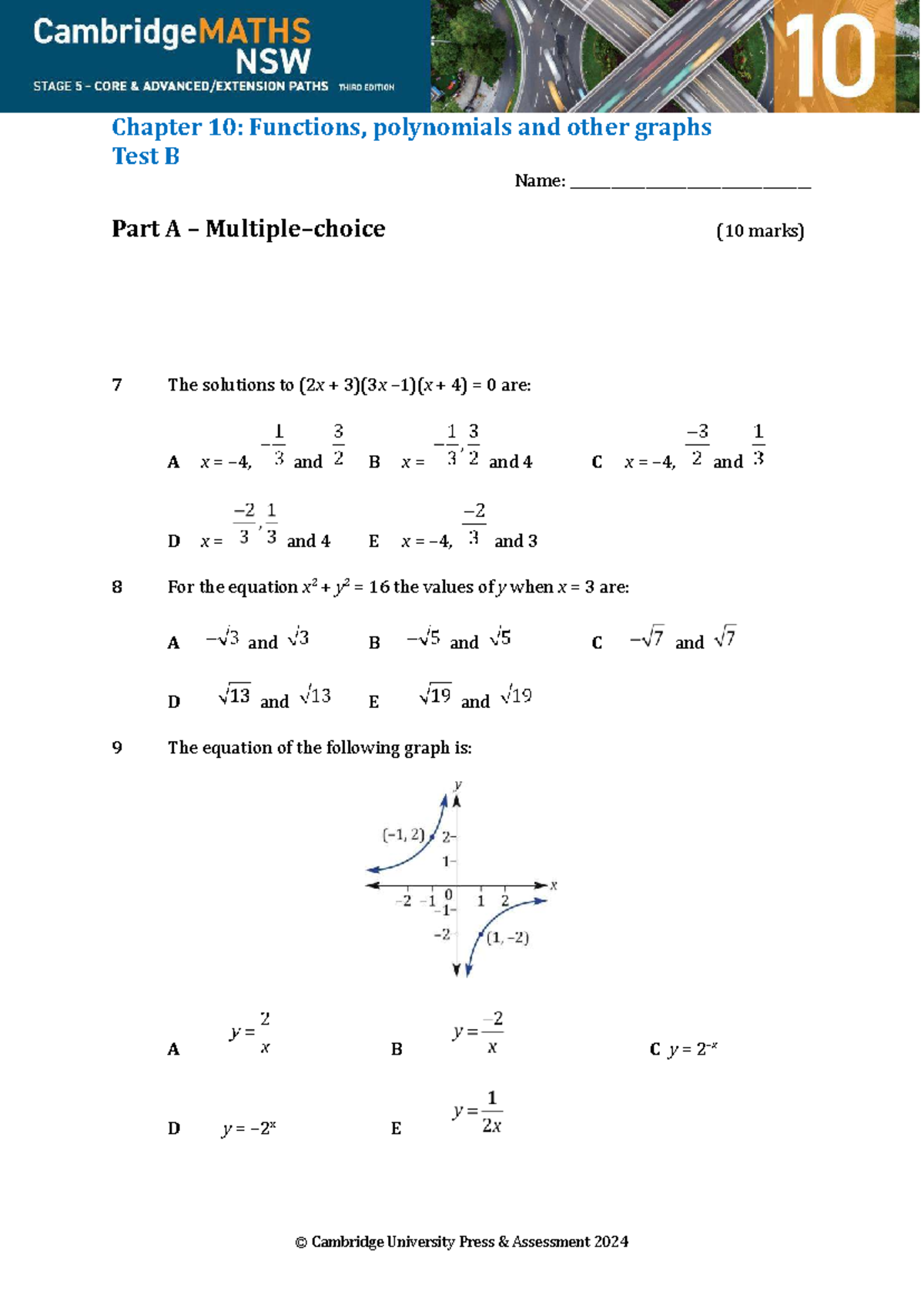 NSW Chapter Test 10B: Functions, Polynomials & Graphs - Studocu