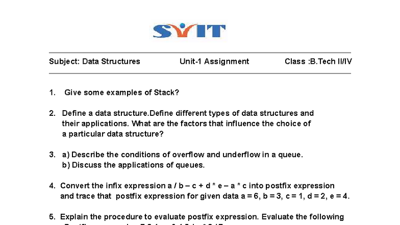DATA Structures B.Tech Unit 1 Assignment: Stacks, Queues & Lists - Studocu