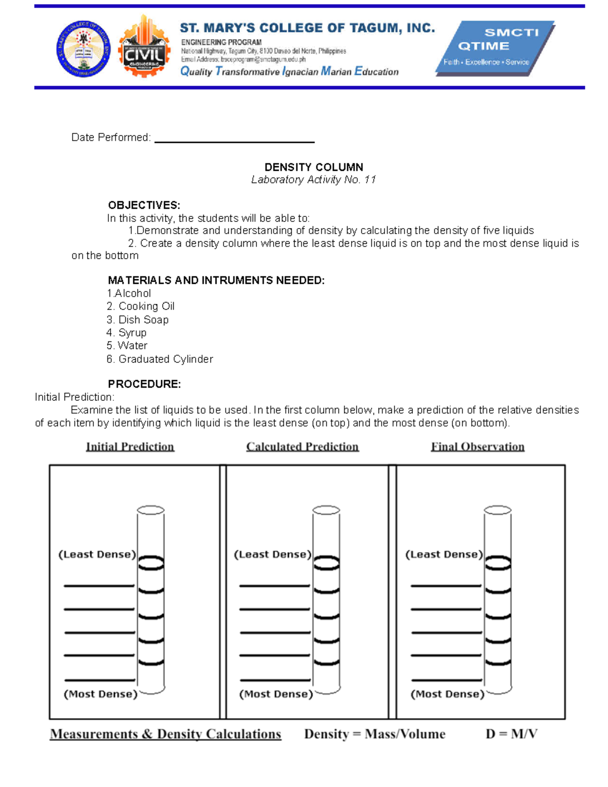 Physics Labmanual 34 35 - Date Performed: DENSITY COLUMN Laboratory Activity No. 11 OBJECTIVES ...