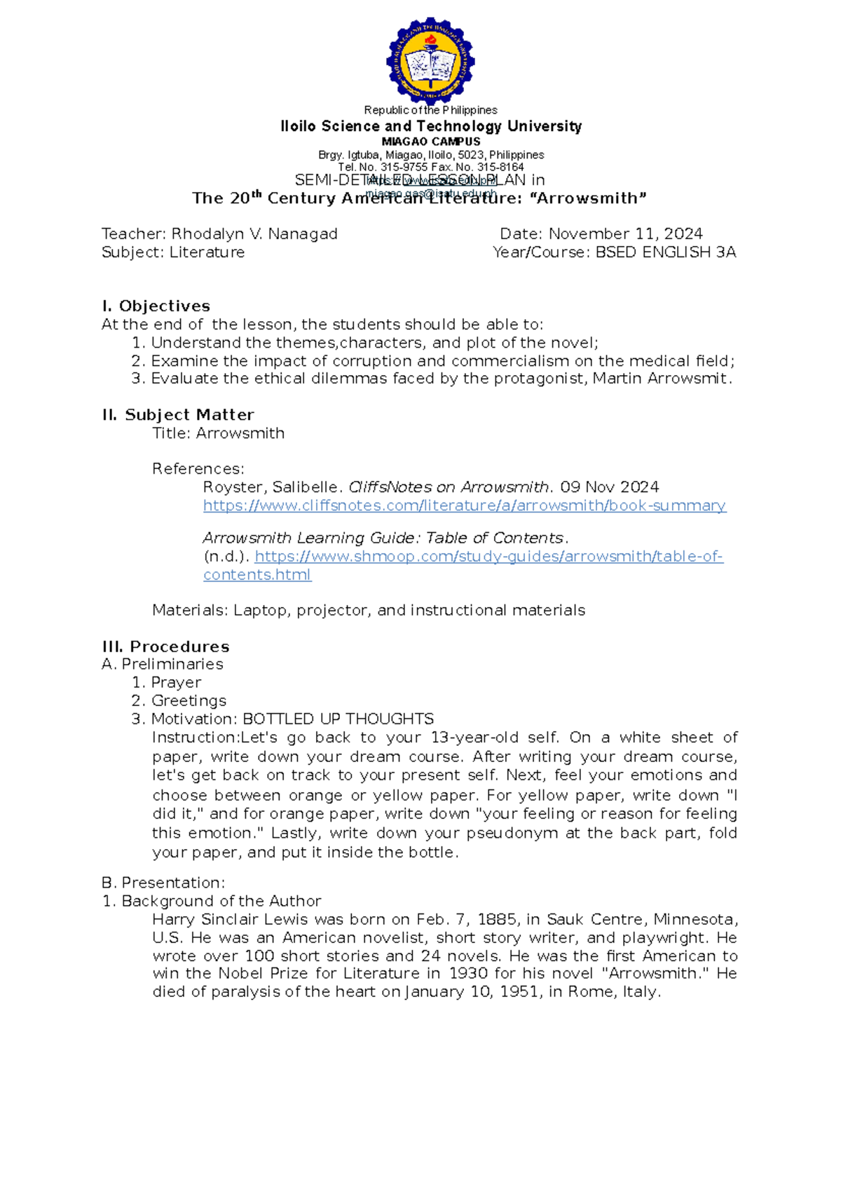 Lesson Plan: Arrowsmith Analysis for BSED ENGLISH 3A - Studocu
