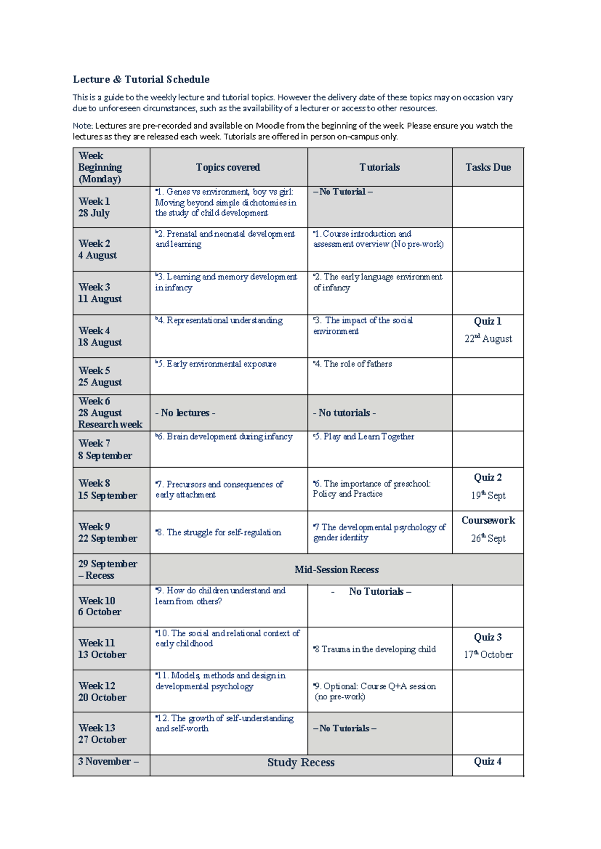 Psyc361 Lecture & Tutorial Schedule 2025: Weekly Topics Overview - Studocu