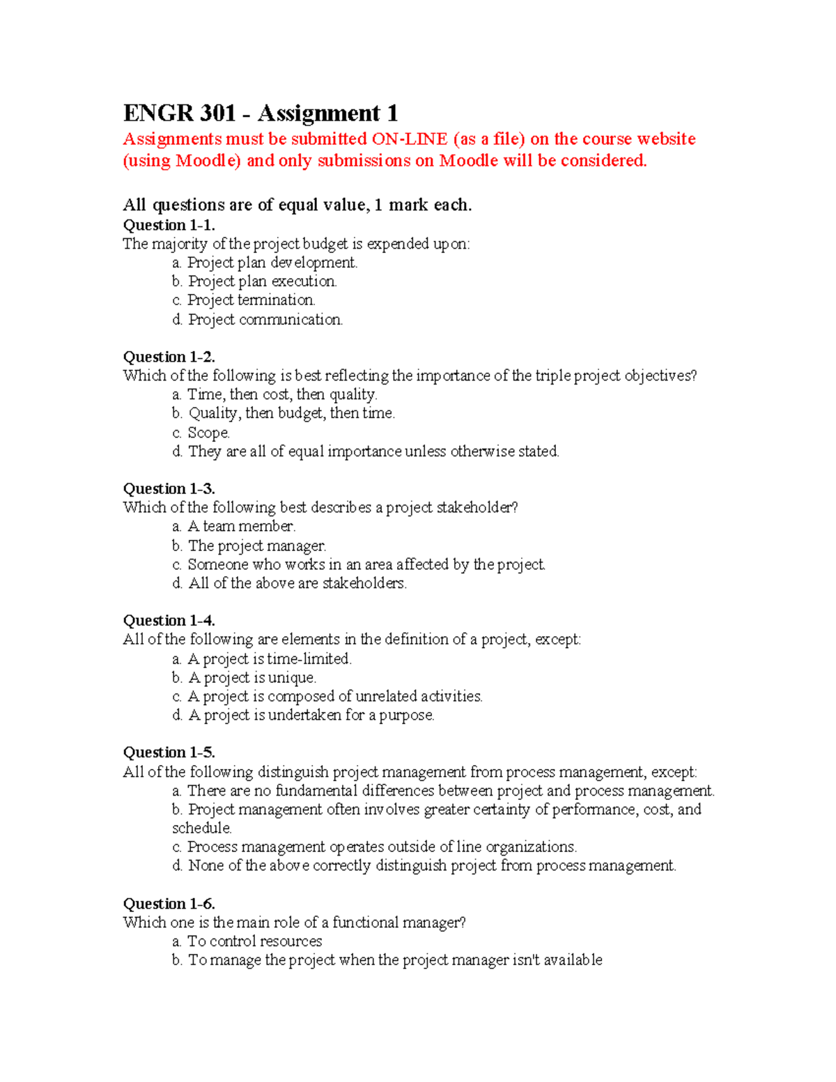 ENGR 301- Assignment 1- help for midterm - ENGR 301 - Assignment 1 Assignments must be submitted ...