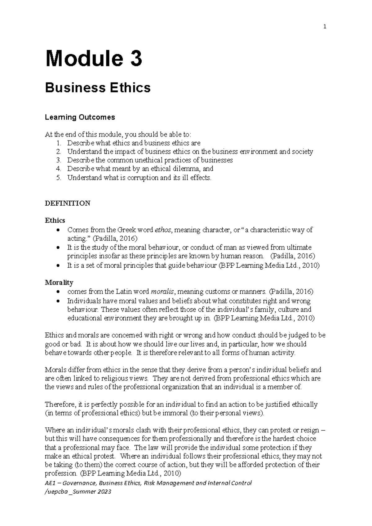 Module 3: Business Ethics - AE1 Governance, Risk Management, Internal ...