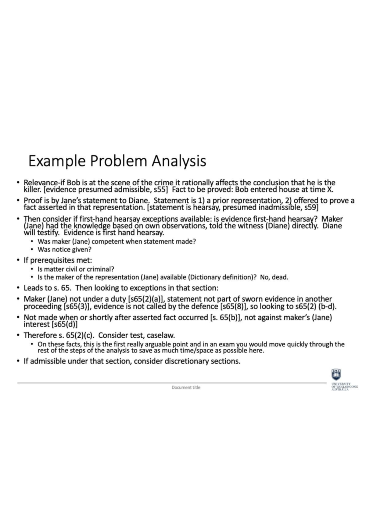 UOW Law 101: Example Problem Analysis on Hearsay Evidence - Studocu