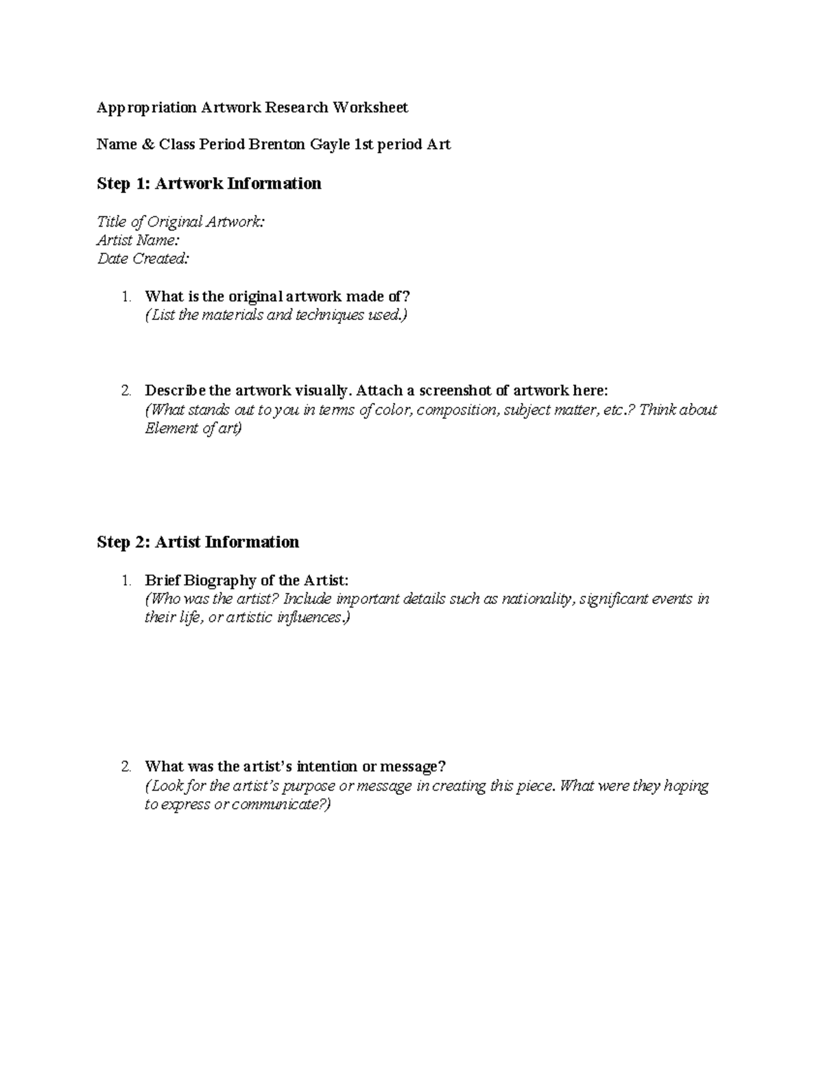 Appropriation Artwork Research Worksheet - Brenton Gayle 1st Period ...