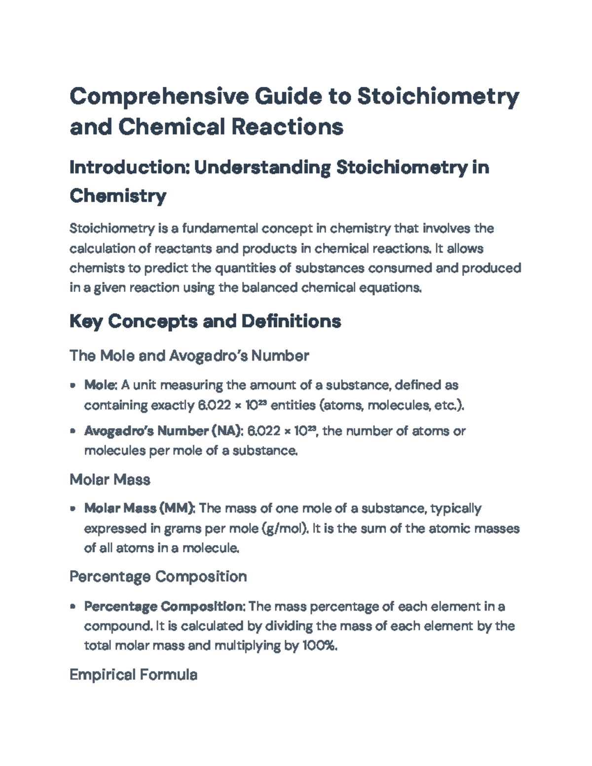 Comprehensive Stoichiometry Guide for Chemistry Course (CHEM101 ...