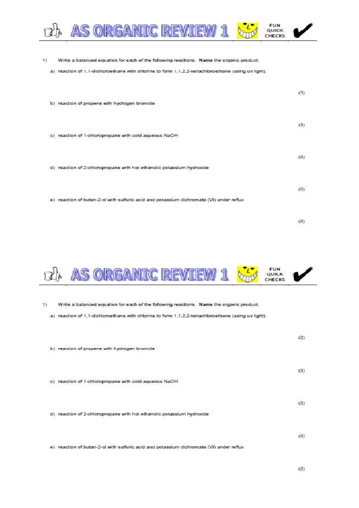AS Organic Review 1: Quick Checks on Reaction Equations - Studocu