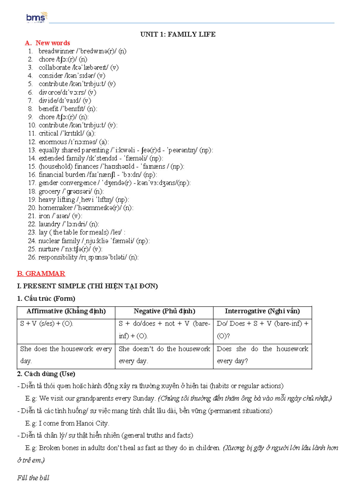 Unit 1: Family Life - Vocabulary & Grammar Practice - Studocu