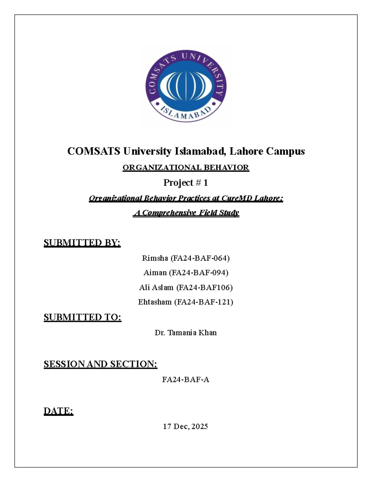 COMSATS University Islamabad, Lahore Campus: OB Project on CureMD ...