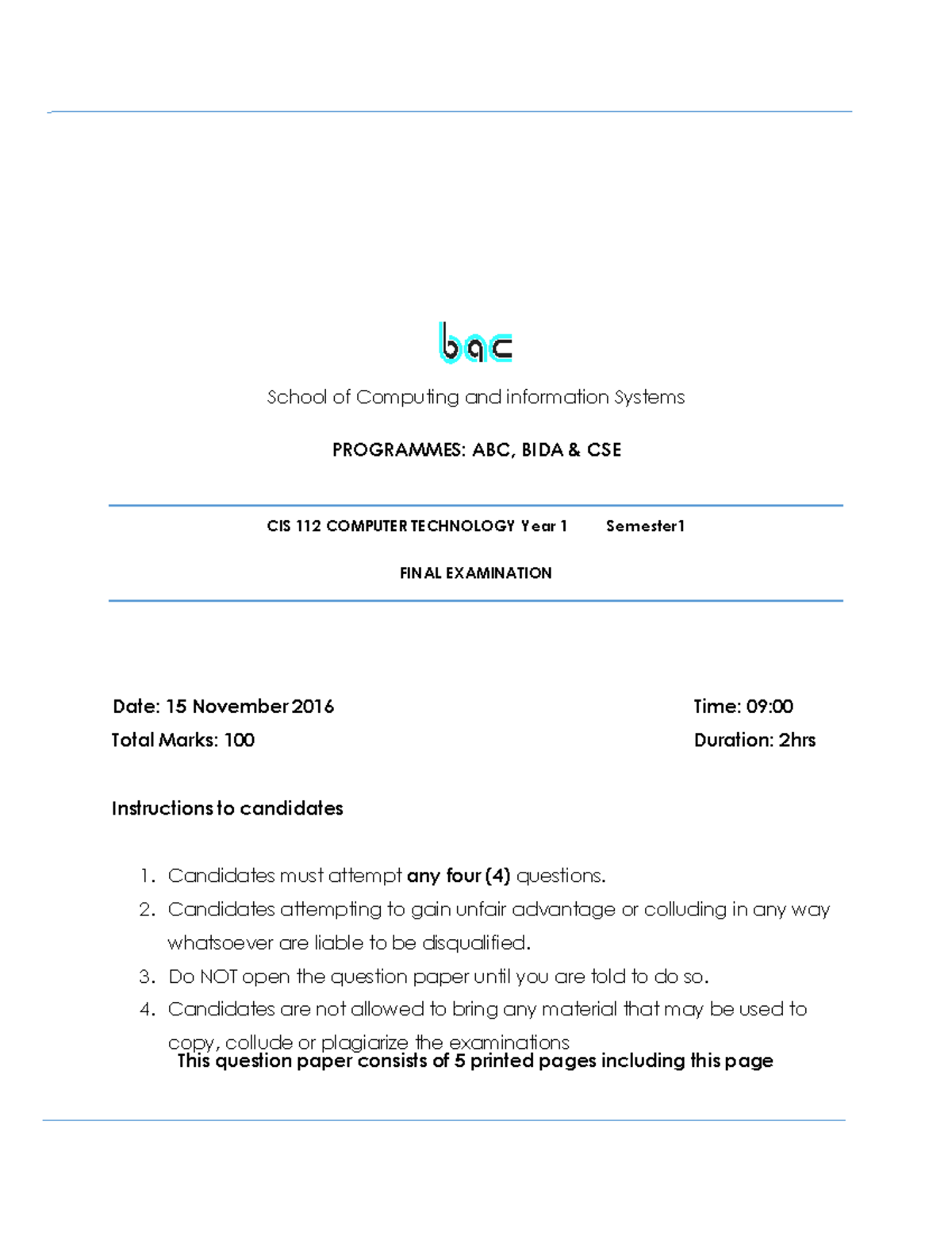 CIS 112 Final Exam: Computer Technology Year 1 Semester 1 - Studocu