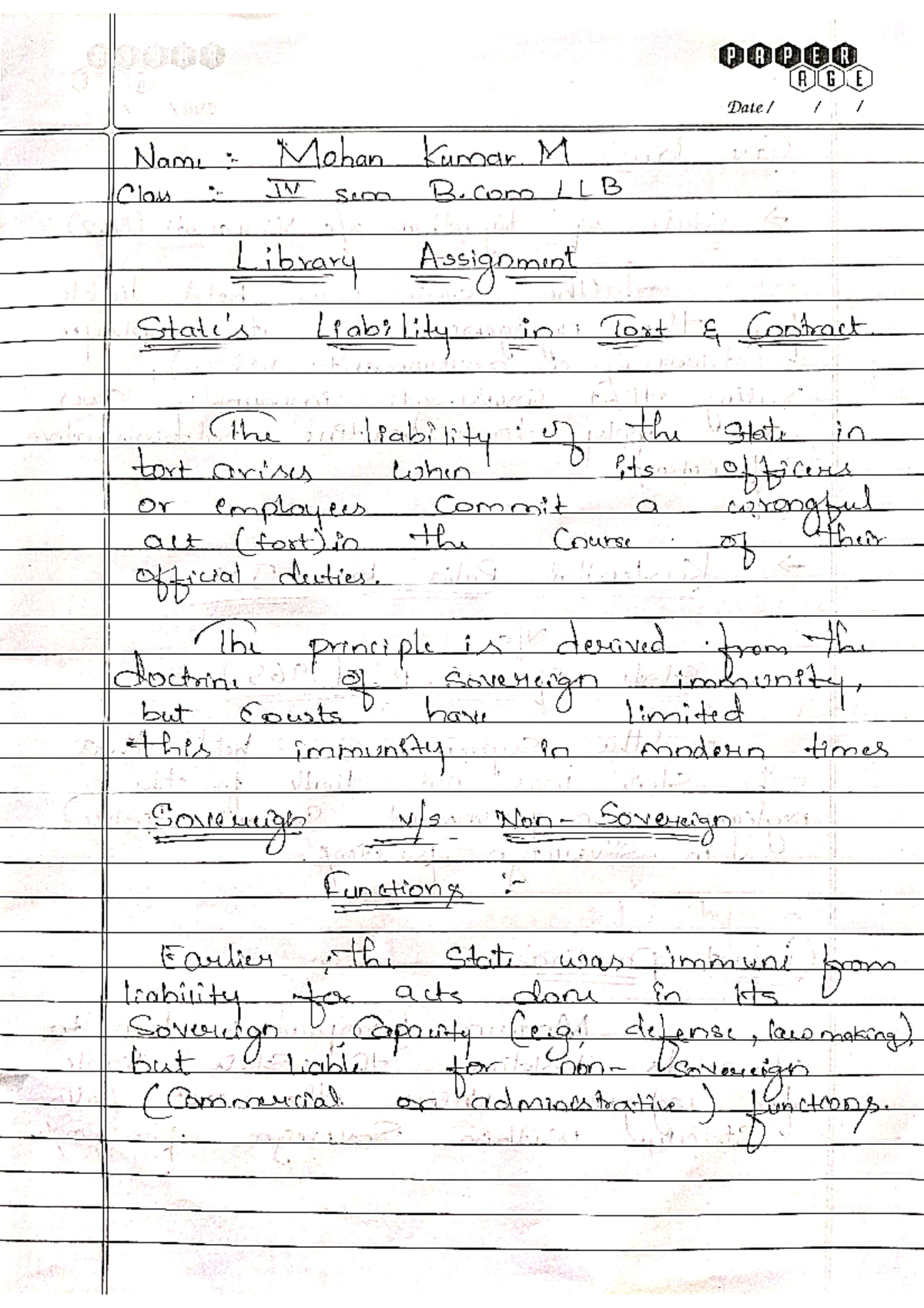 Library assignment 2 - PAPER A G E Name Mohan Kumar M Class IV scm B ...