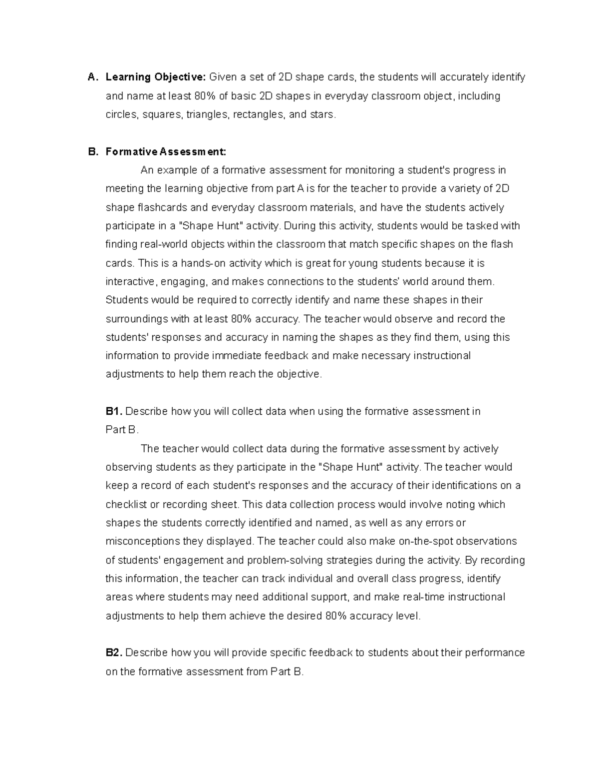 Task 1 Assessment Planning - A. Learning Objective: Given a set of 2D shape cards, the students ...