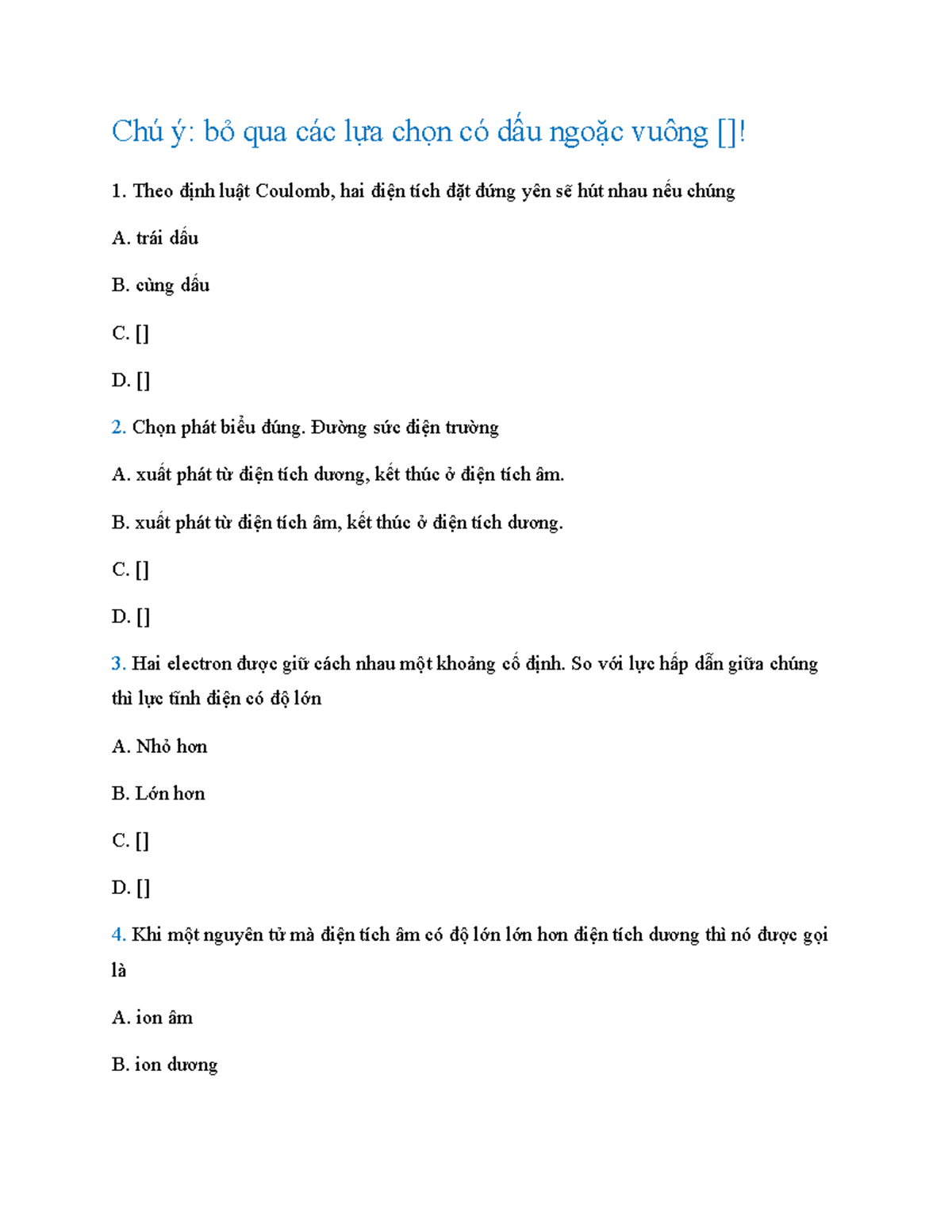 Chap 01: 20 Câu Trắc Nghiệm Về Điện Tĩnh - Studocu