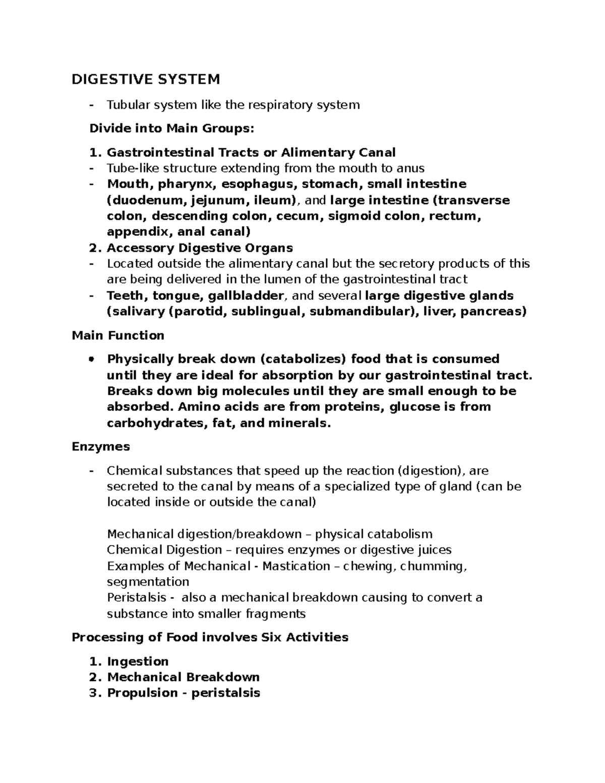 Digestive System Reviewer: Key Concepts and Functions - Studocu