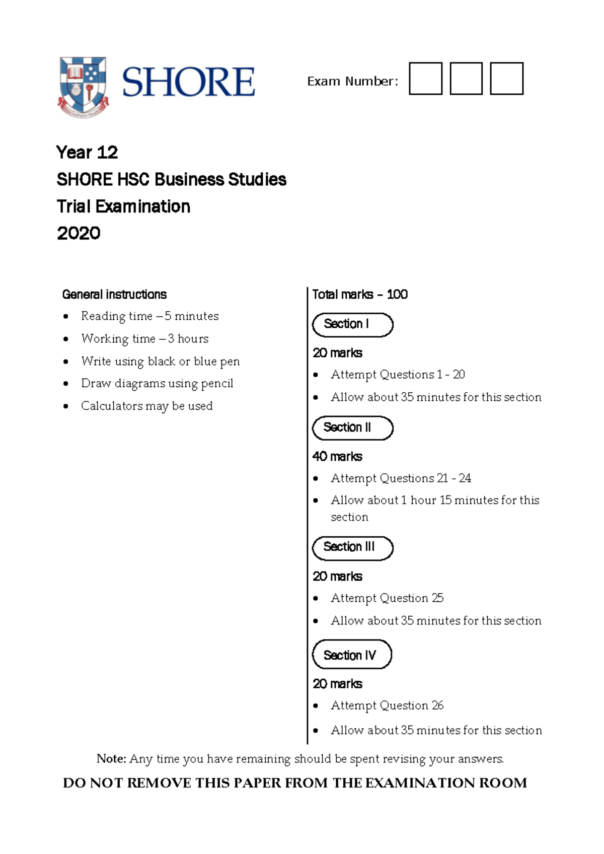 Shore 2020 HSC Business Studies Trial Exam & Solutions - Studocu
