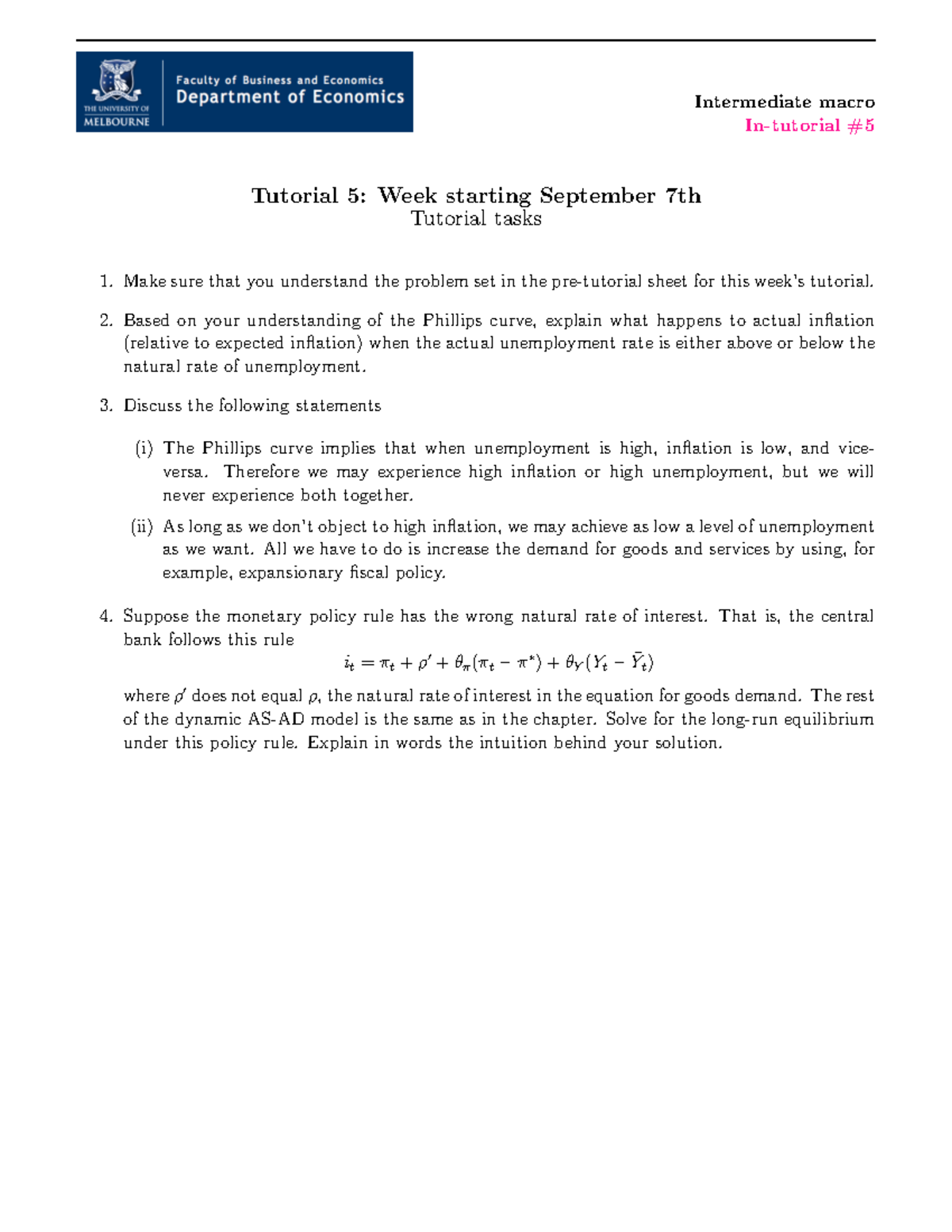 Intutorial 5 In Tutorial 5 Intermediate Macroeconomics 2020 Week 5 Econ20001 Intermediate