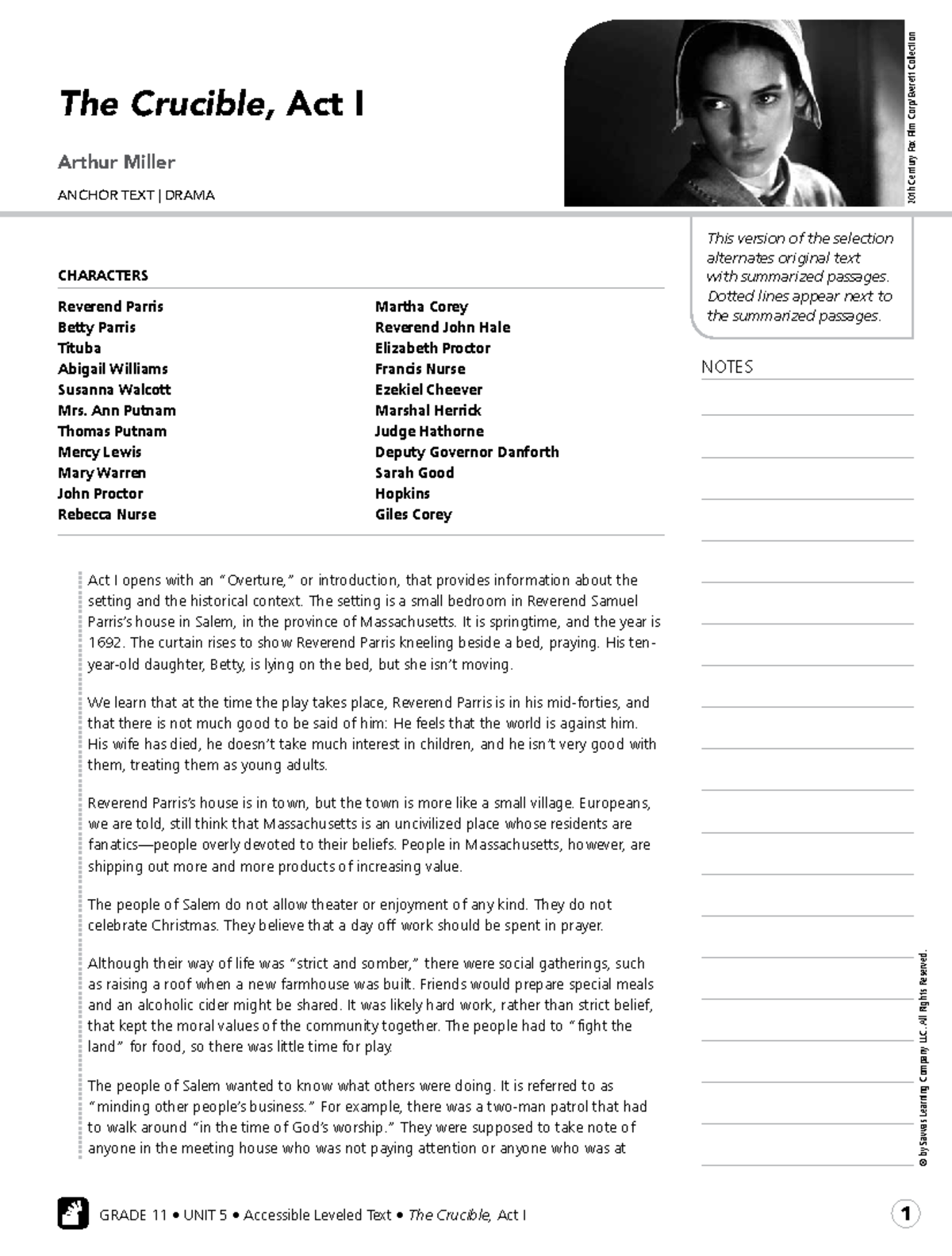 The Crucible, Act I: Accessible Leveled Text Analysis for GRADE 11 ...