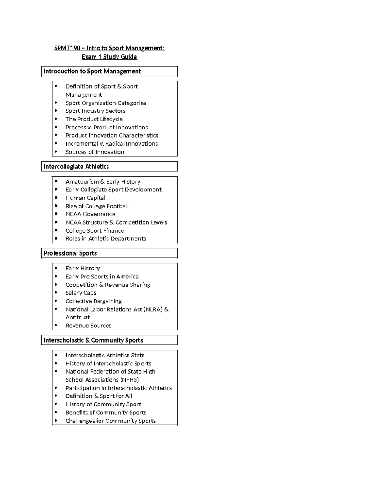 SPMT190 – Exam 1 Study Guide: Key Concepts in Sport Management - Studocu