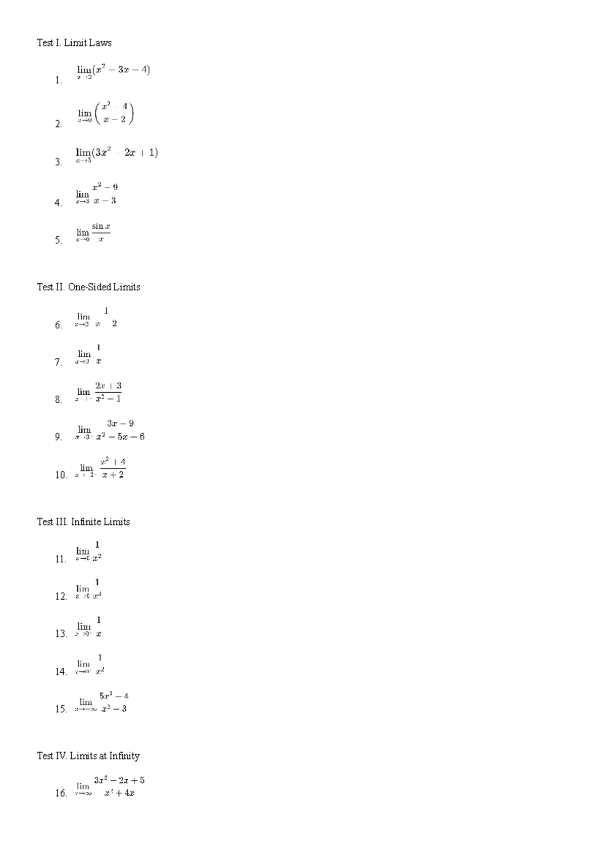 Calculus 1 WORKSHEET: LIMITS REVIEW and EVALUATION Techniques - Studocu