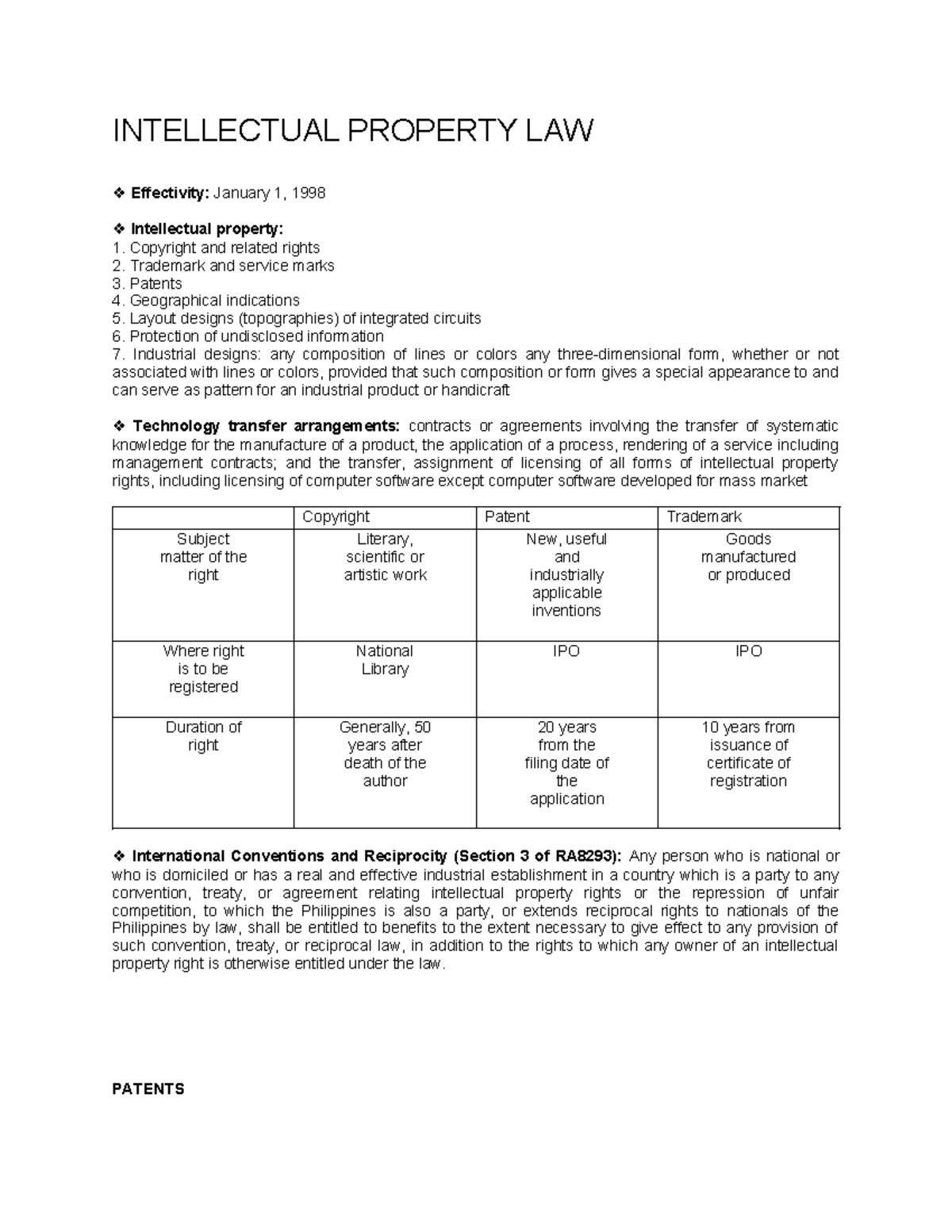 Intellectual Property LAW Notes - INTELLECTUAL PROPERTY LAW Effectivity ...