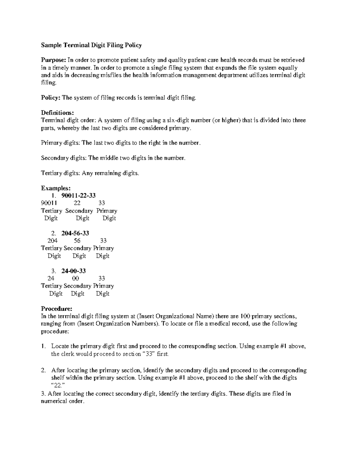 Terminal Digit Filing Policy - Sample Terminal Digit Filing Policy ...