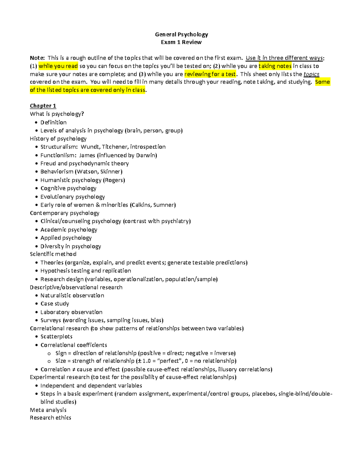 General Psychology PSY101 Exam 1 Review Notes - Studocu