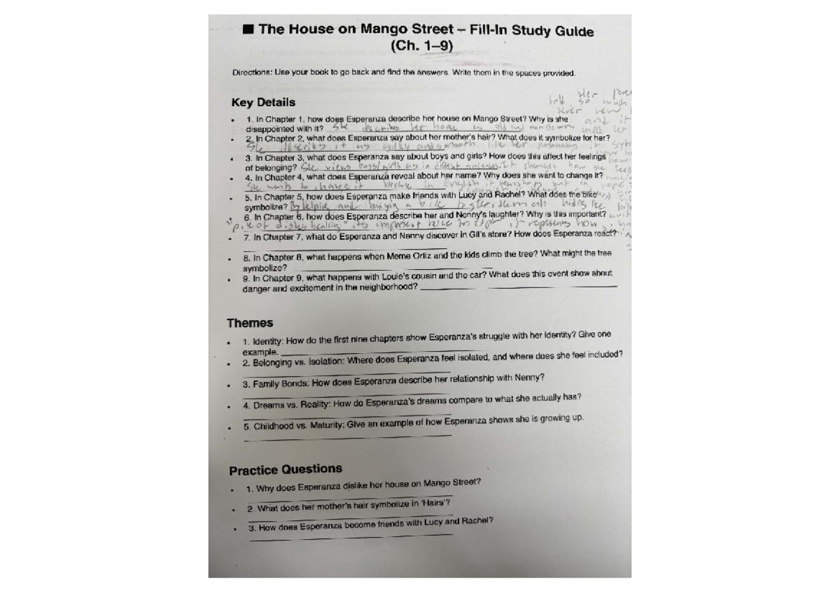 The House on Mango Street Study Guide (Ch. 1-9) - Studocu