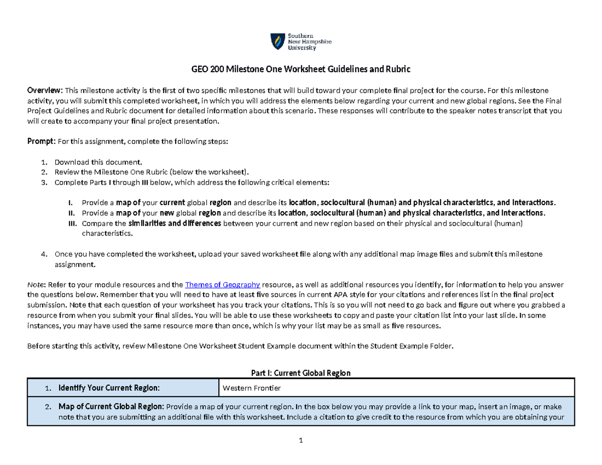 GEO 200 Milestone One Worksheet: Global Regions Comparison - Studocu