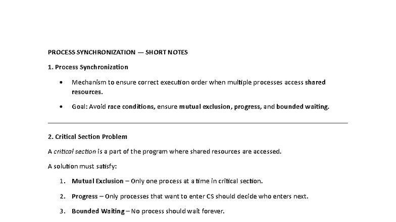 CS 101: Process Synchronization Short Notes - Studocu