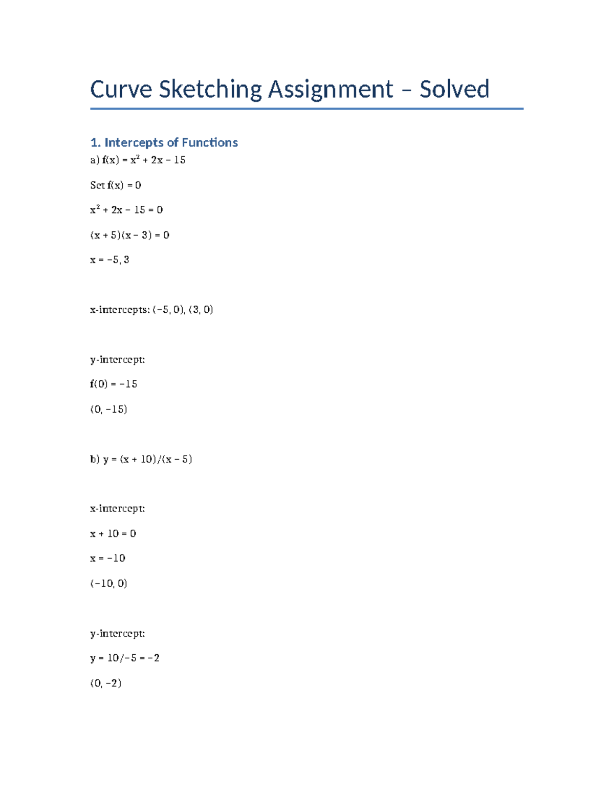 Curve Sketching Assignment (MATH 101) - Solutions and Analysis - Studocu