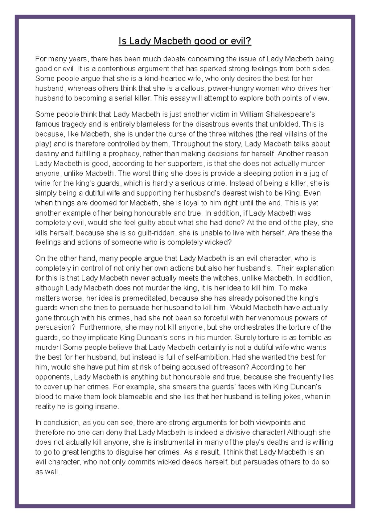 Lady Macbeth and Good and Evil Assignment essay Macbeth - Is Lady ...