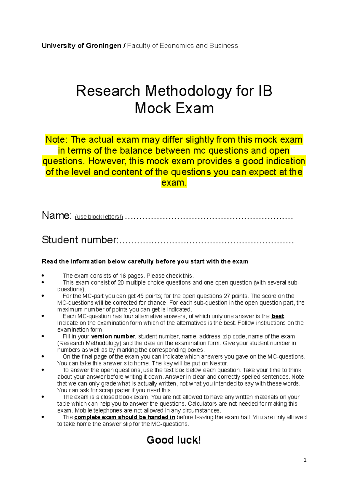 Research Methodology: IB Mock Exam Correct Answers & Insights - Studeersnel