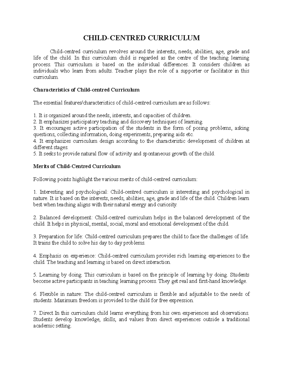 Child-Centered Curriculum: Characteristics, Merits & Demerits Analysis - Studocu
